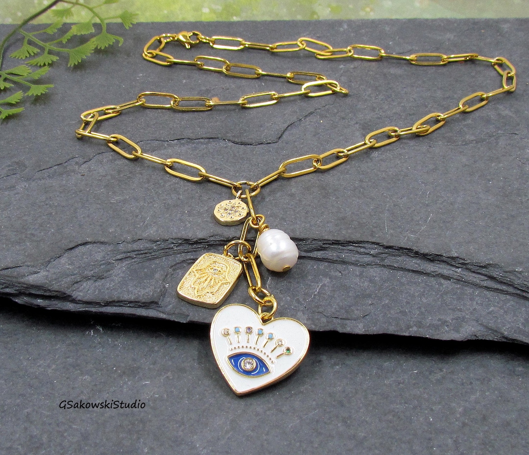 Evil Eye Gold Paperclip Lariat Necklace, Gold Evil Eye Chain Y Necklace ...