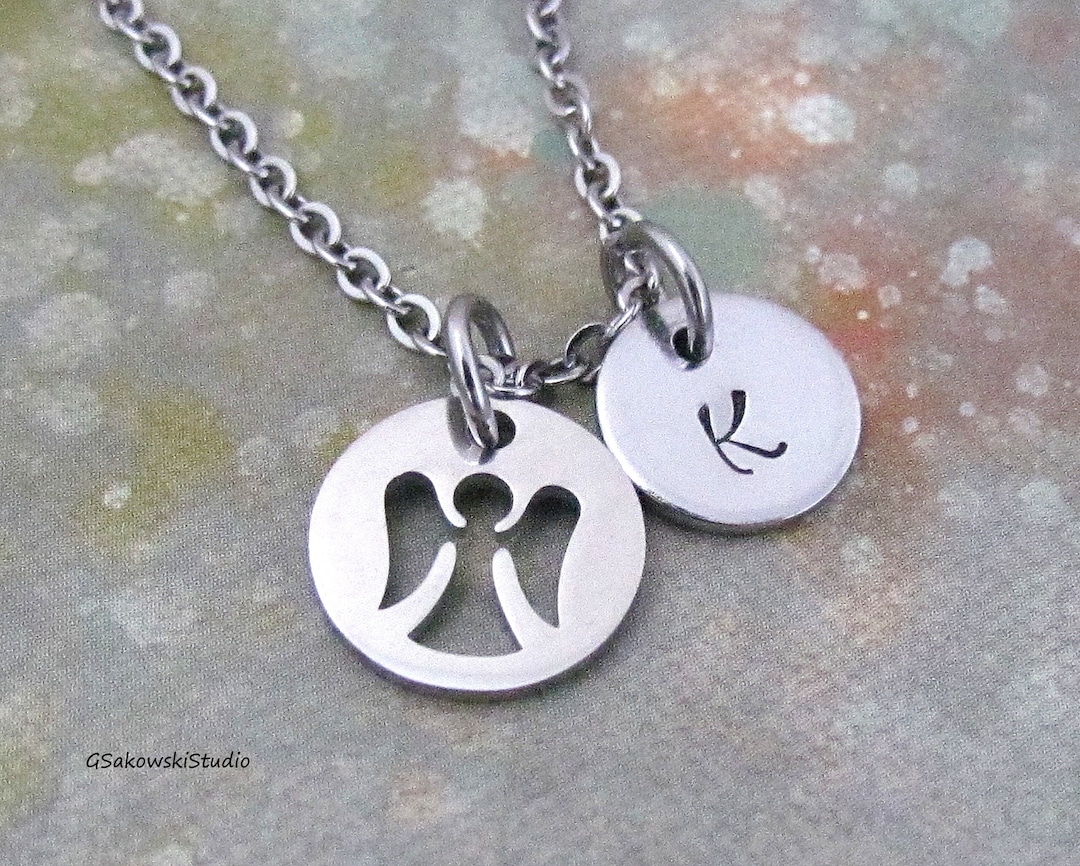 Stainless Steel Angel Disc Charm Necklace, Personalized Hand Stamped ...