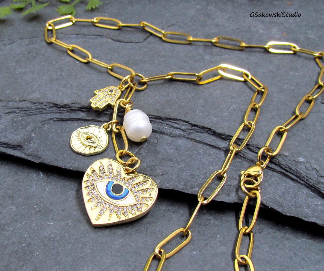Evil Eye Gold Paperclip Lariat Necklace, Gold Evil Eye Chain Y Necklace ...