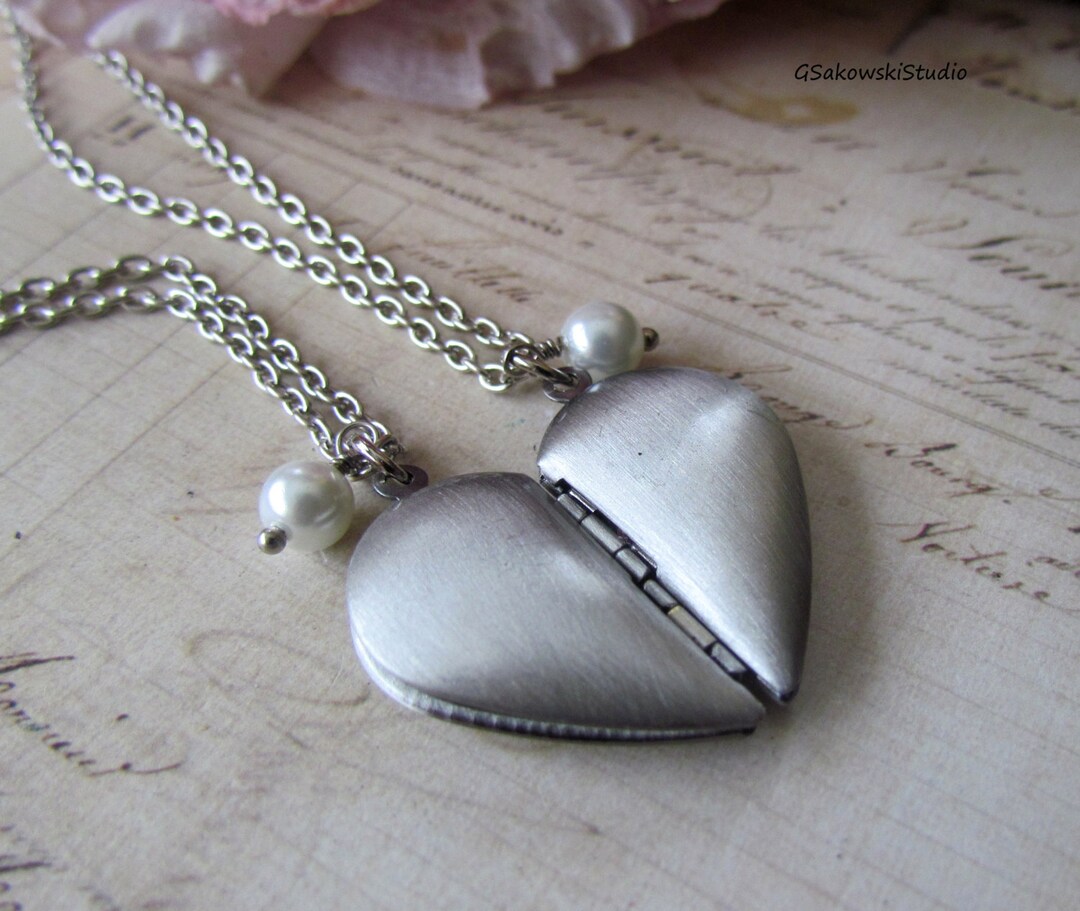 Half Heart Locket Set and Pearl Necklace, Vintage Inspired Brushed ...