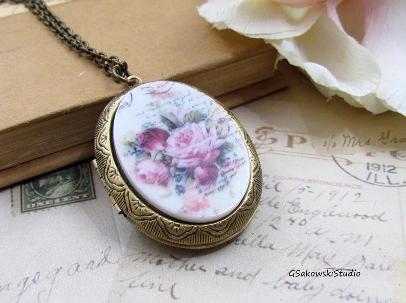 French Roses Large Locket Necklace, Vintage Inspired Oval Rose Cameo ...