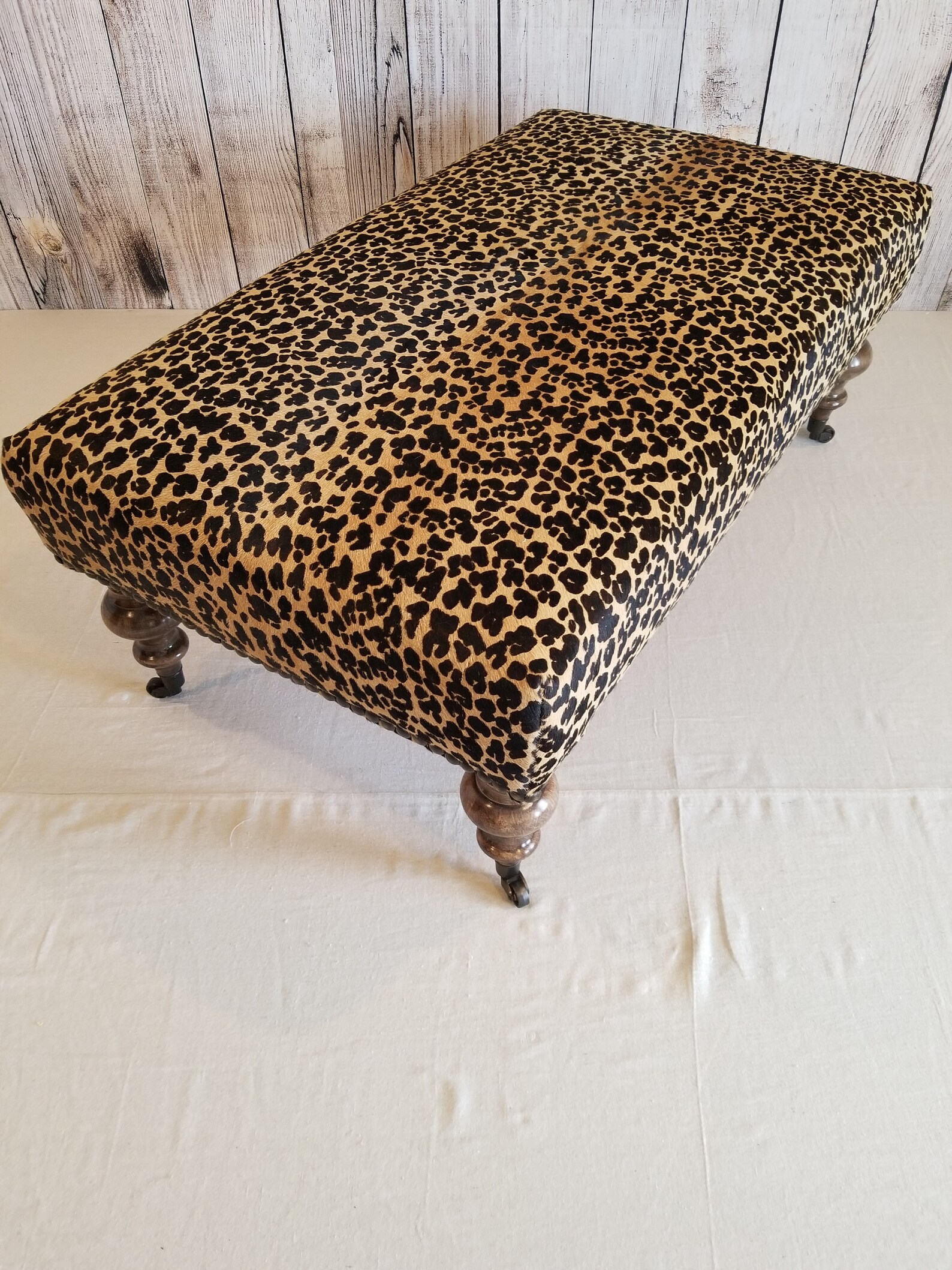 Leopard Print Cowhide Ottoman With Wooden Tray - Etsy