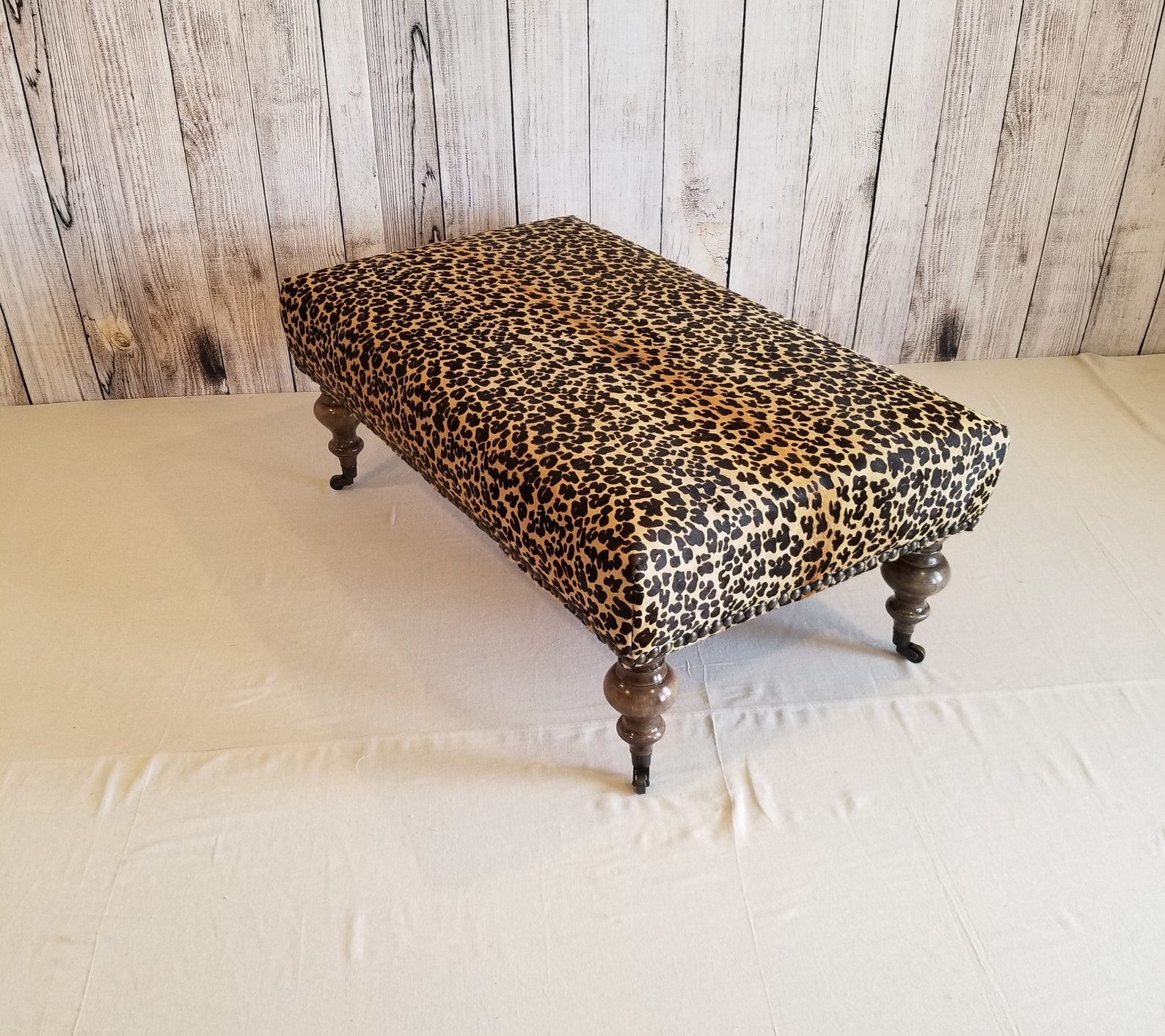 Leopard Print Cowhide Ottoman With Wooden Tray - Etsy