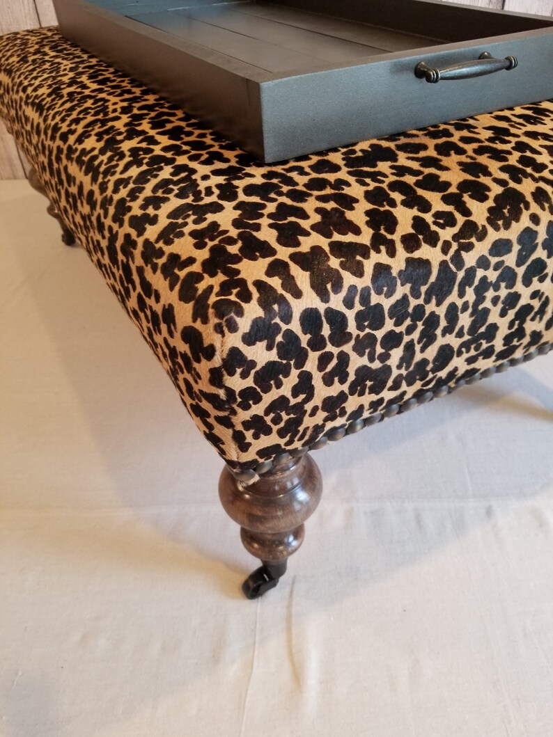 Leopard Print Cowhide Ottoman With Wooden Tray - Etsy