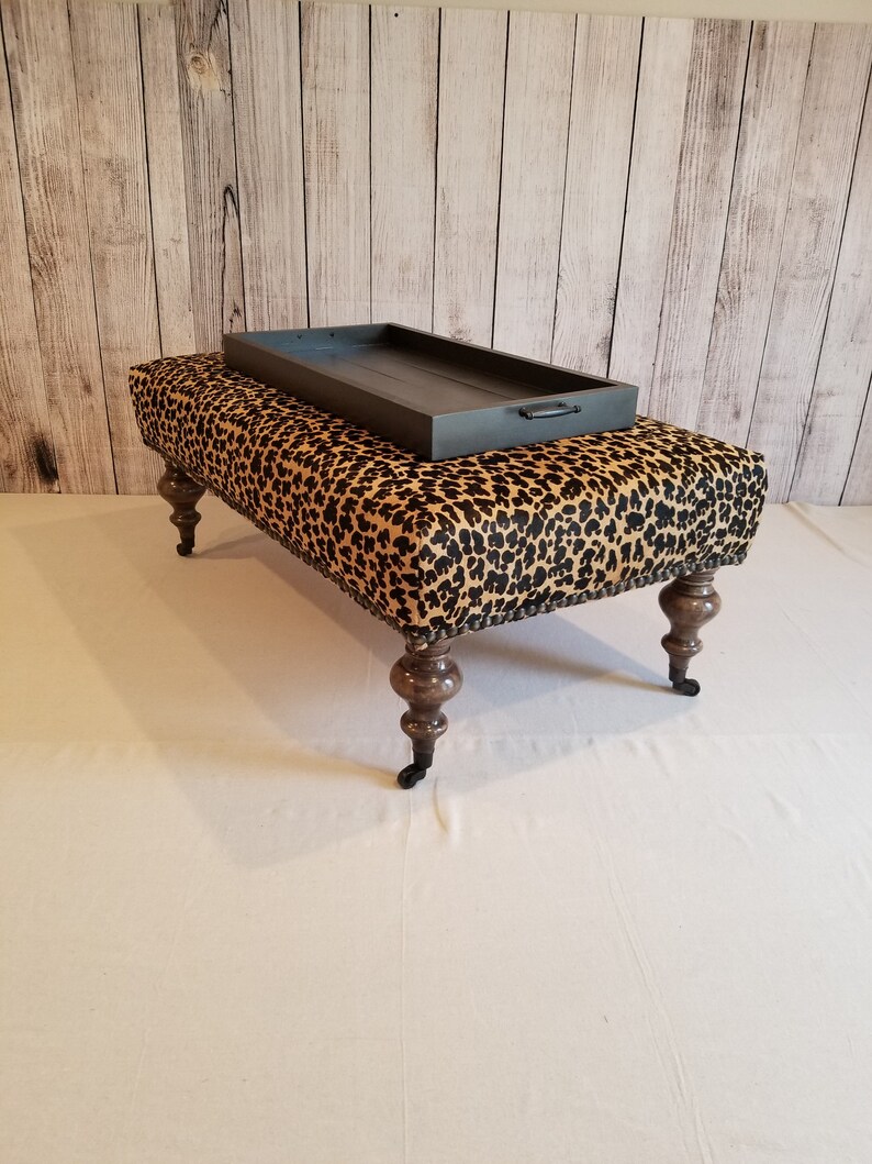 Leopard Print Cowhide Ottoman With Wooden Tray - Etsy