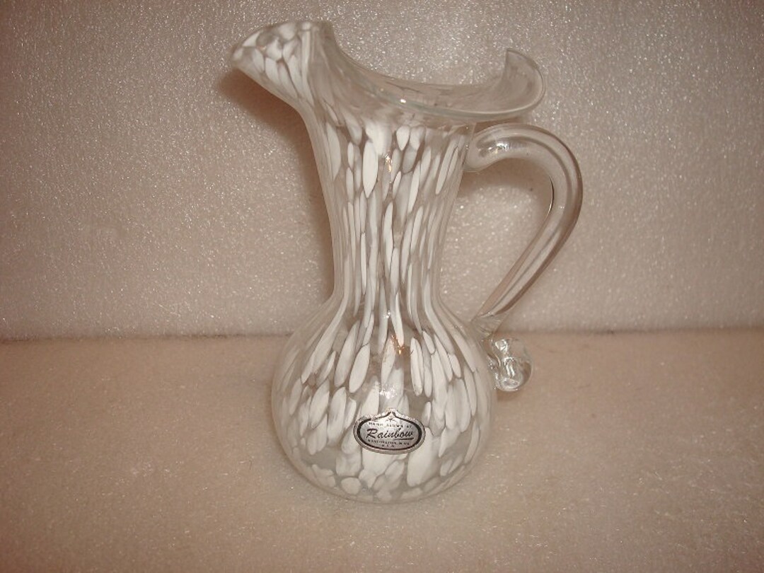 Hand Blown Clear and White Rainbow Glass Co Spatter Glass Pitcher Vase ...