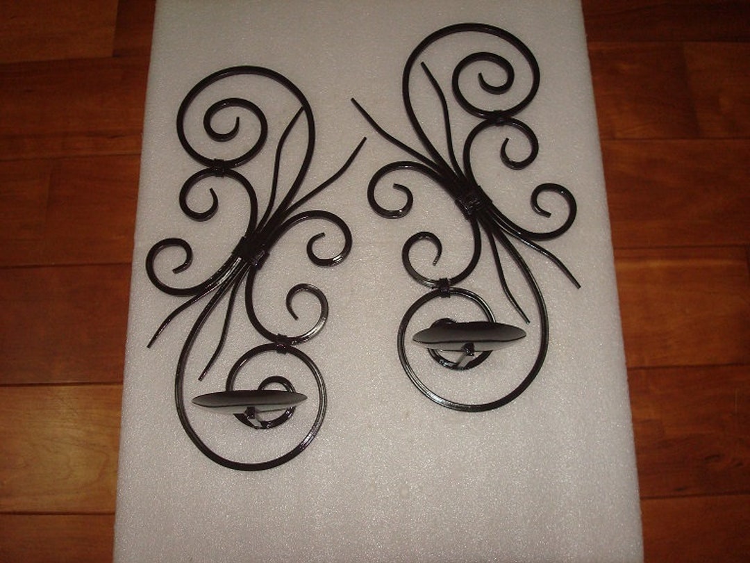 Set of Two Heavy Black Wrought Iron Metal Curled Style Wall Sconces ...