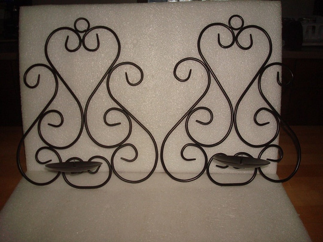 Set of Two Black Curled Heart Style Metal Wrought Iron Wall Sconce With ...