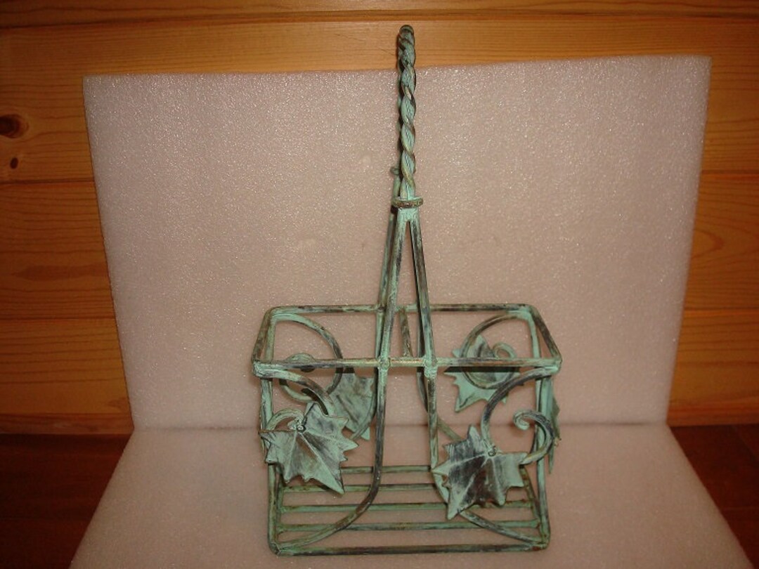Distressed Green Wrought Iron Leaf Design Two Bottle Wine Holder / Wine ...