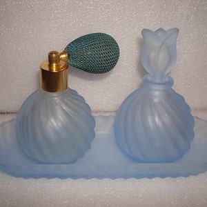 Frosted Blue Glass Perfume Bottle Set / Vanity Set With Tray - Etsy
