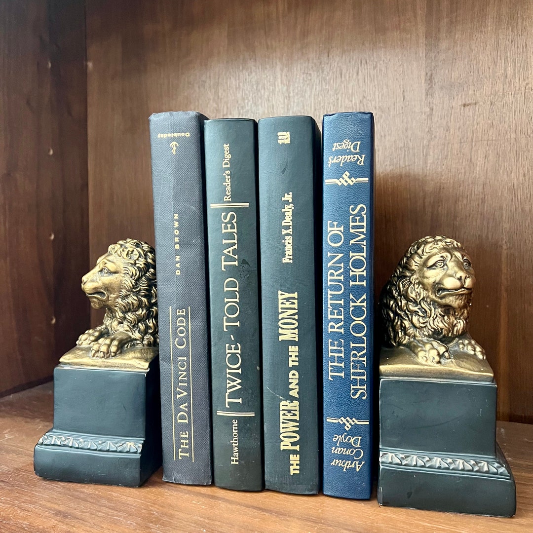 Vintage Gold Lion Bookends Black & Gold Gilt Metal Ceramic Bookends ...