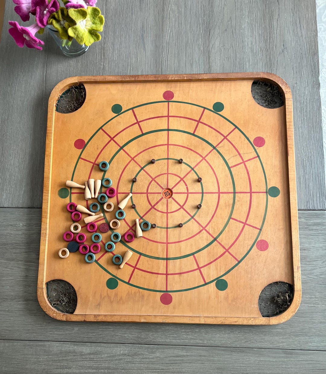 Antique Wooden Carrom Board Game Rare All Wooden Rings and Pins Double ...