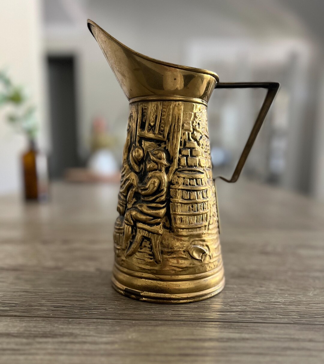 Vintage Brass Pitcher Ale Jug Made in England Embossed Dinner Scene Ale ...