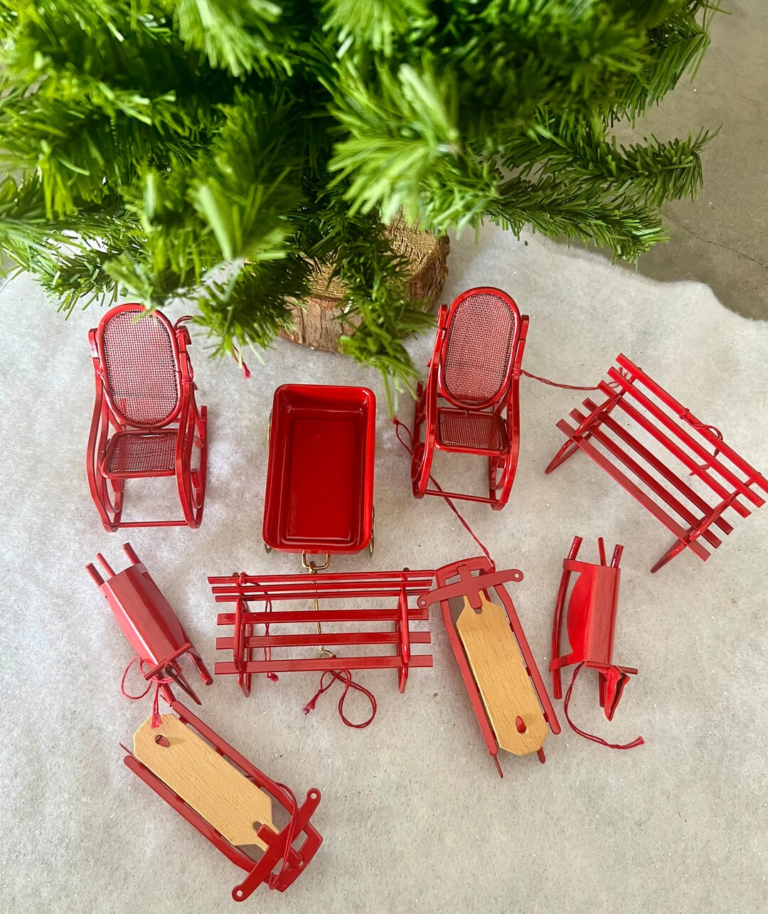 Vintage Red Metal Ornament Rocking Horse Chair Sleigh Ornaments Set of ...