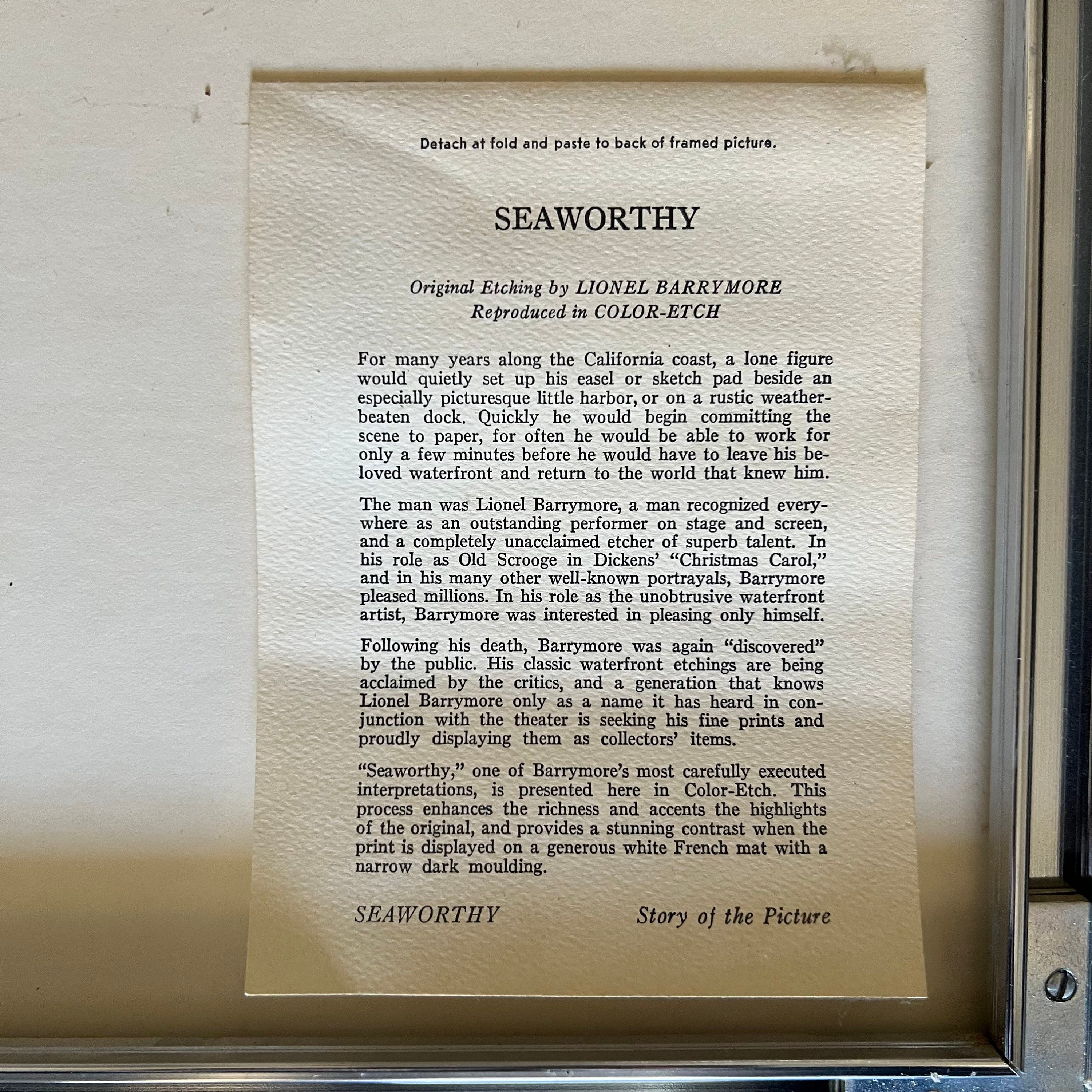 Lionel Barrymore Etchings Set: "seaworthy" & "point Mugu" Vintage Wall ...