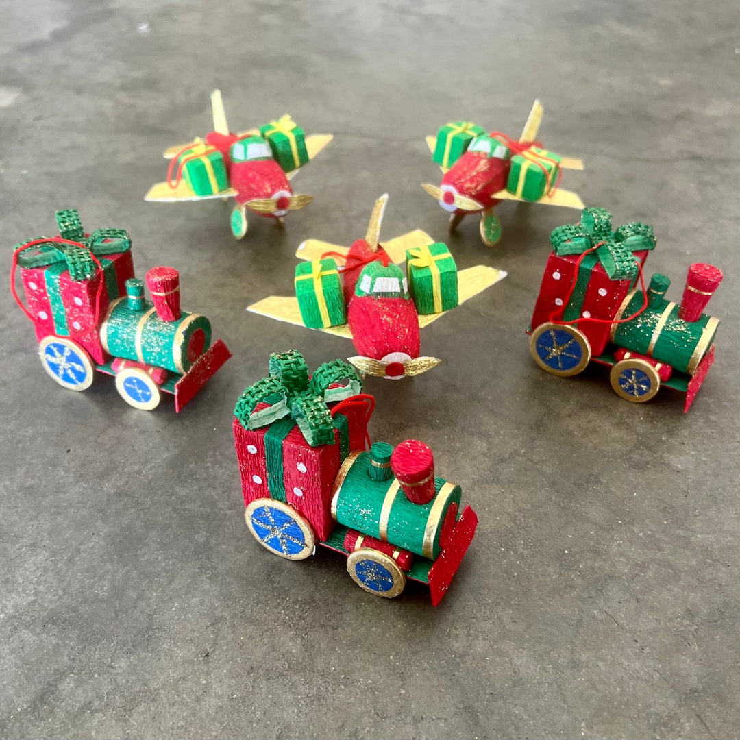 Vintage Christmas Train & Airplane Ornaments Handcrafted Paper Mache ...