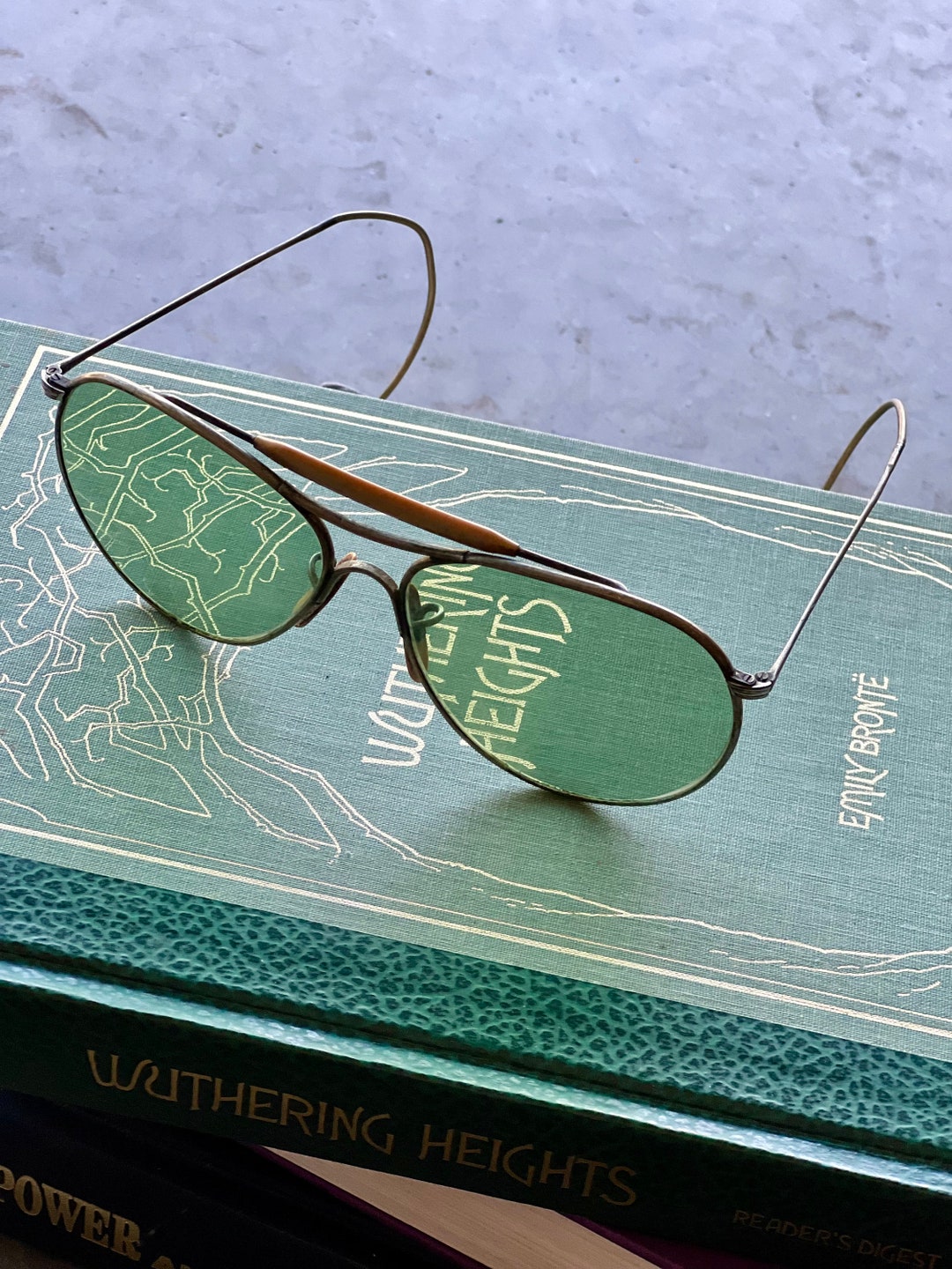 Antique Sunglasses Green Tint Aviator Lenses Gold Frame Wrap Around ...