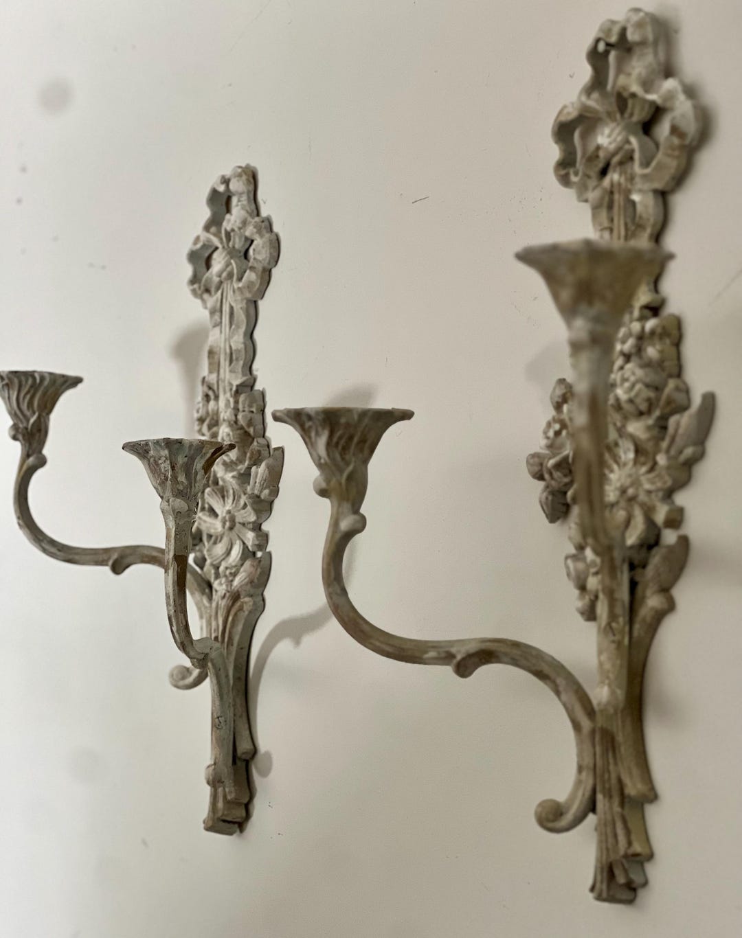 Distressed White Wall Sconces Pair: Ornate Hollywood Regency Candle ...