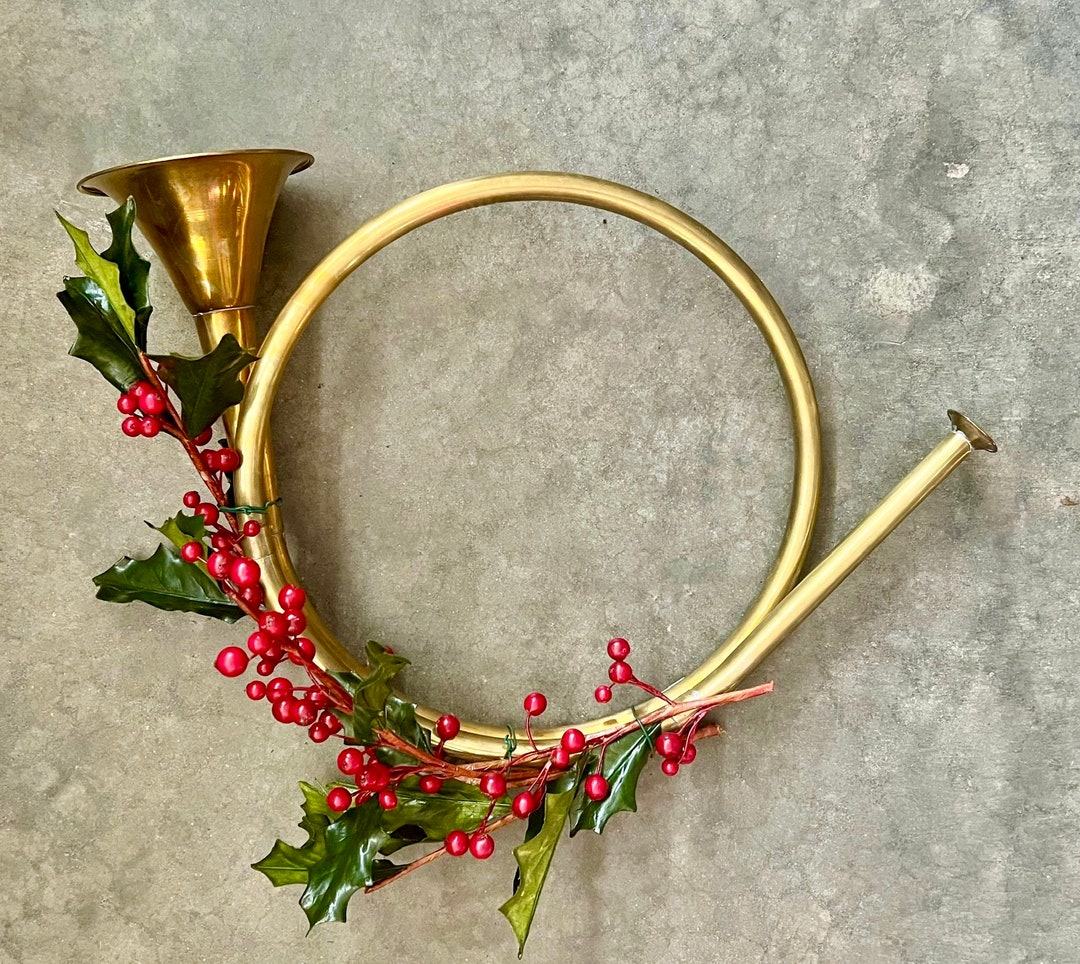 Solid Brass French Horn Door Hanger/ Christmas Wreath Holly Leaves ...