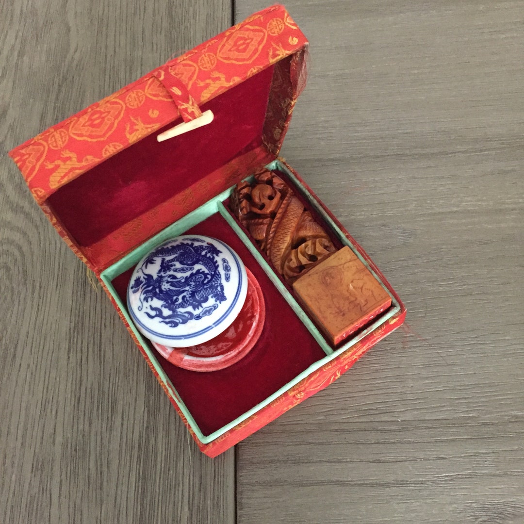 Ancient Chinese Seal Kit Carved Shoushan Stone Chop Stamp With Red Ink ...