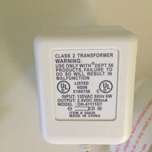 Department 56 AC/DC Adapter Class 2 Transformer UL Listed Adapter ...