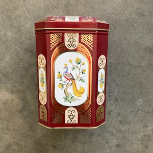 Vintage Red & Gold Tin Box With Peacocks Small Octagonal Tin Container ...