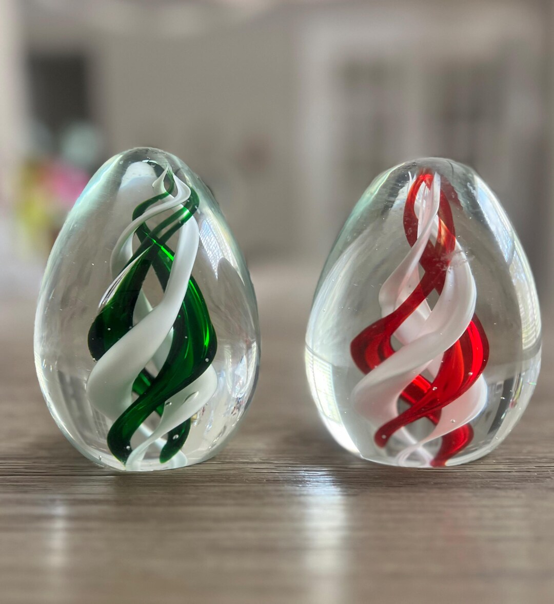 Oval Paperweight Set of 2 Blown Glass Red White & Green White Spiral ...