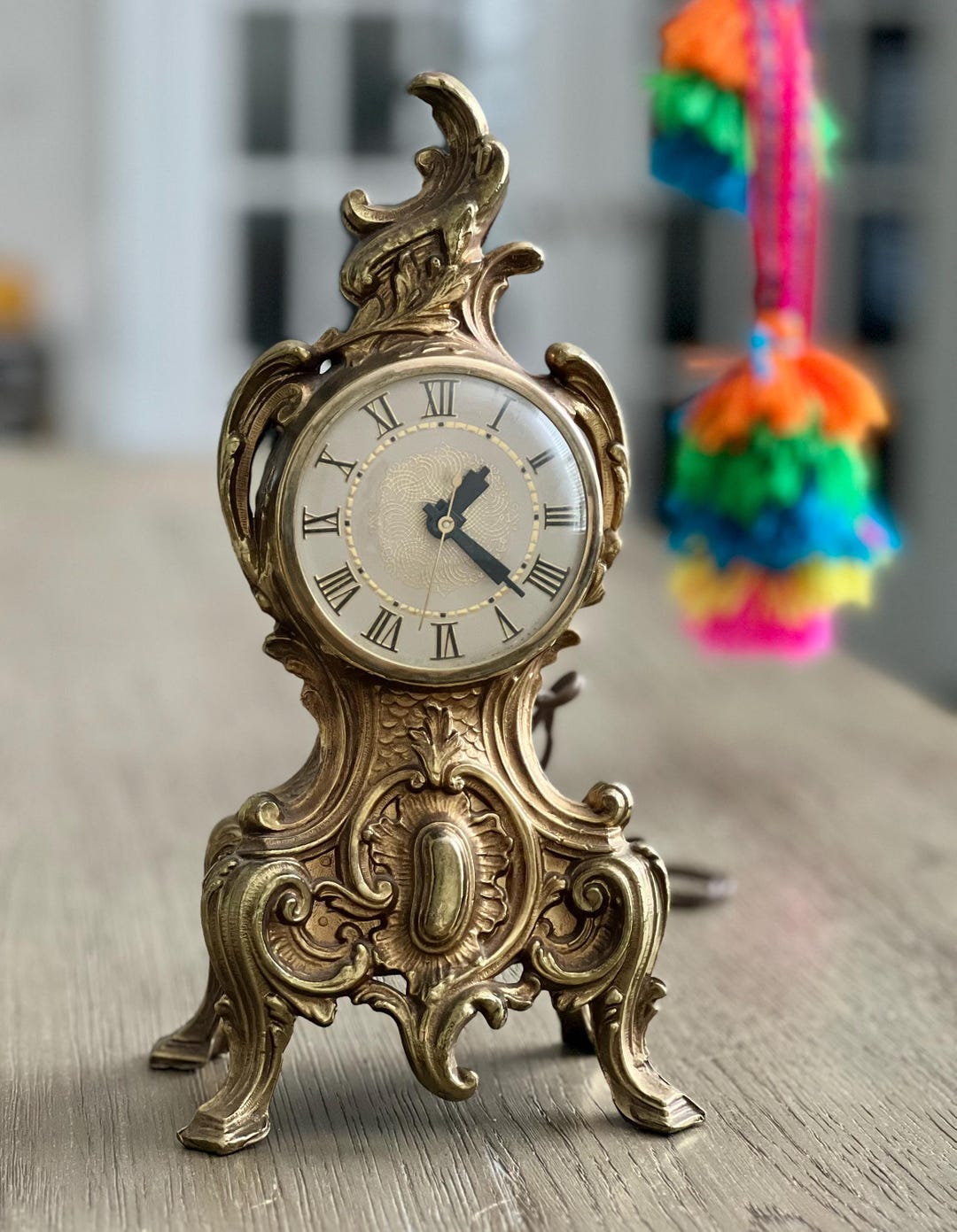 Mid Century Lanshire Electric Clock Antique Ornate Gold Metal Tabletop ...