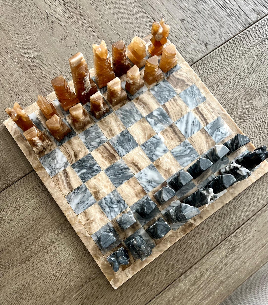 Onyx & Marble Chess Set Mexican Aztec Hand Carved Black Grey Beige ...