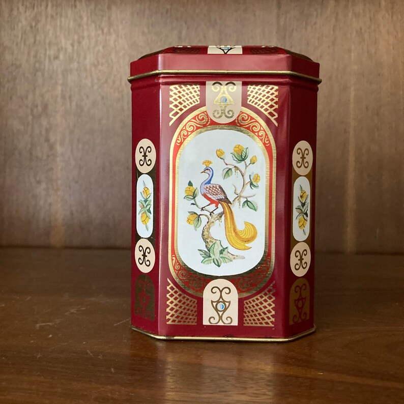Vintage Red & Gold Tin Box With Peacocks Small Octagonal Tin - Etsy