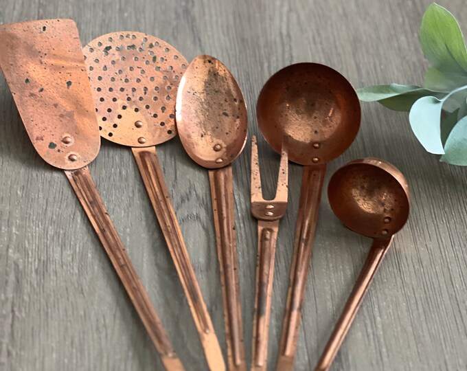 Copper Skimmer Ladle Spoon Fork Spatula Set of 6 Long Handled Heavy ...