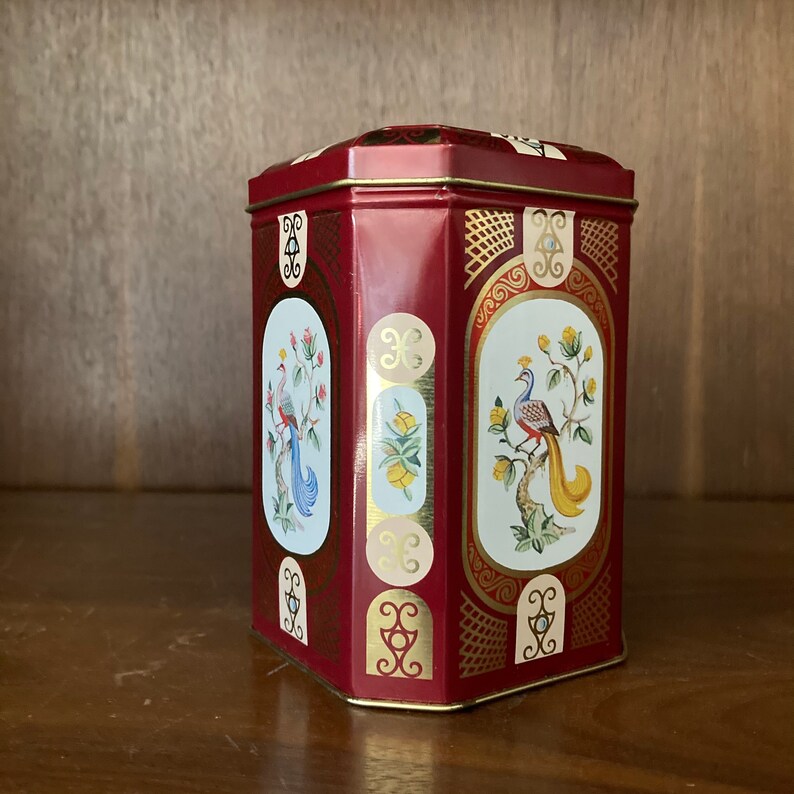 Vintage Red & Gold Tin Box With Peacocks Small Octagonal Tin - Etsy