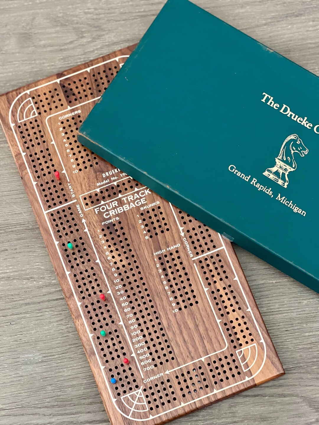 Vintage Drueke Cribbage Four Track Wood Cribbage Board Set Model 1962 ...