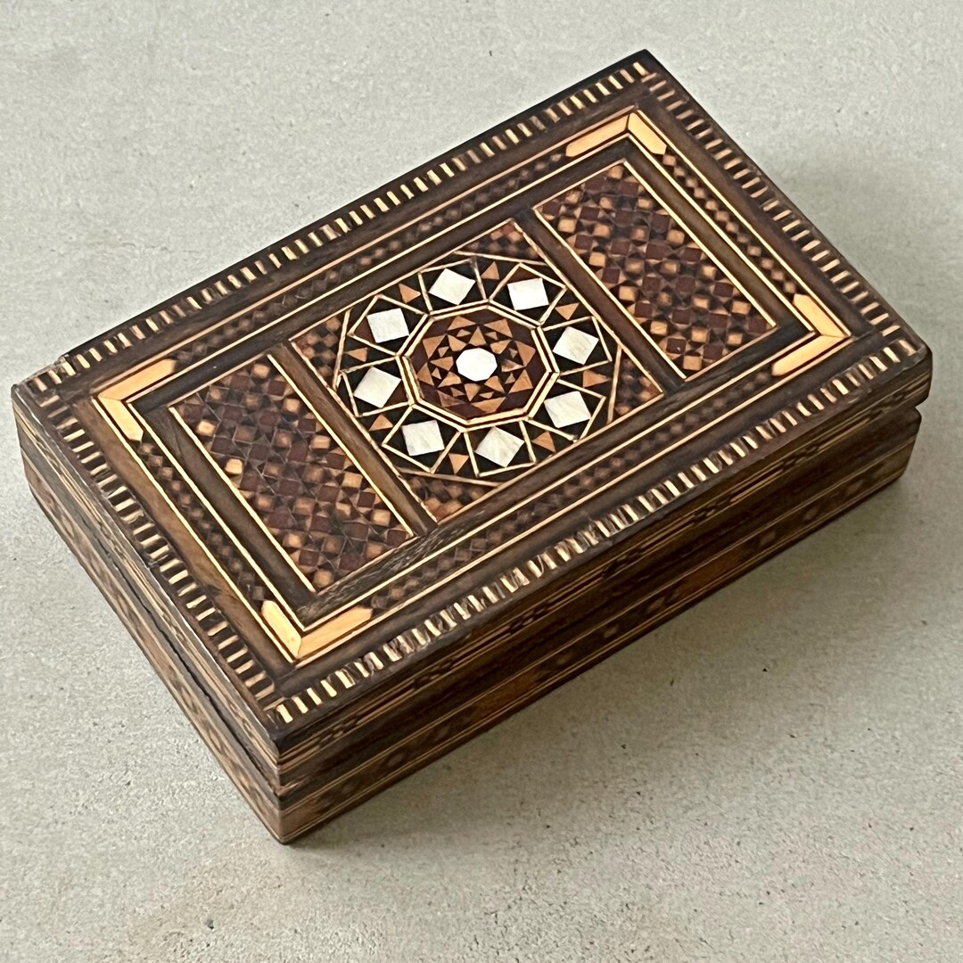 Inlaid Wood Box Egyptian Inlay Jewelry Keepsake Box Brown & Cream Red ...