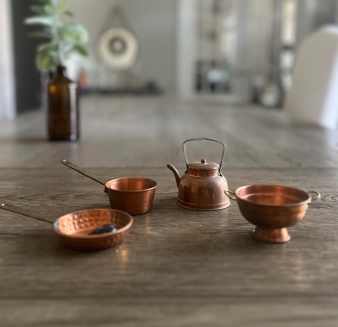 Mini Copper Kitchen Pots Pans Kettles Dollhouse Miniatures Set of 4 ...