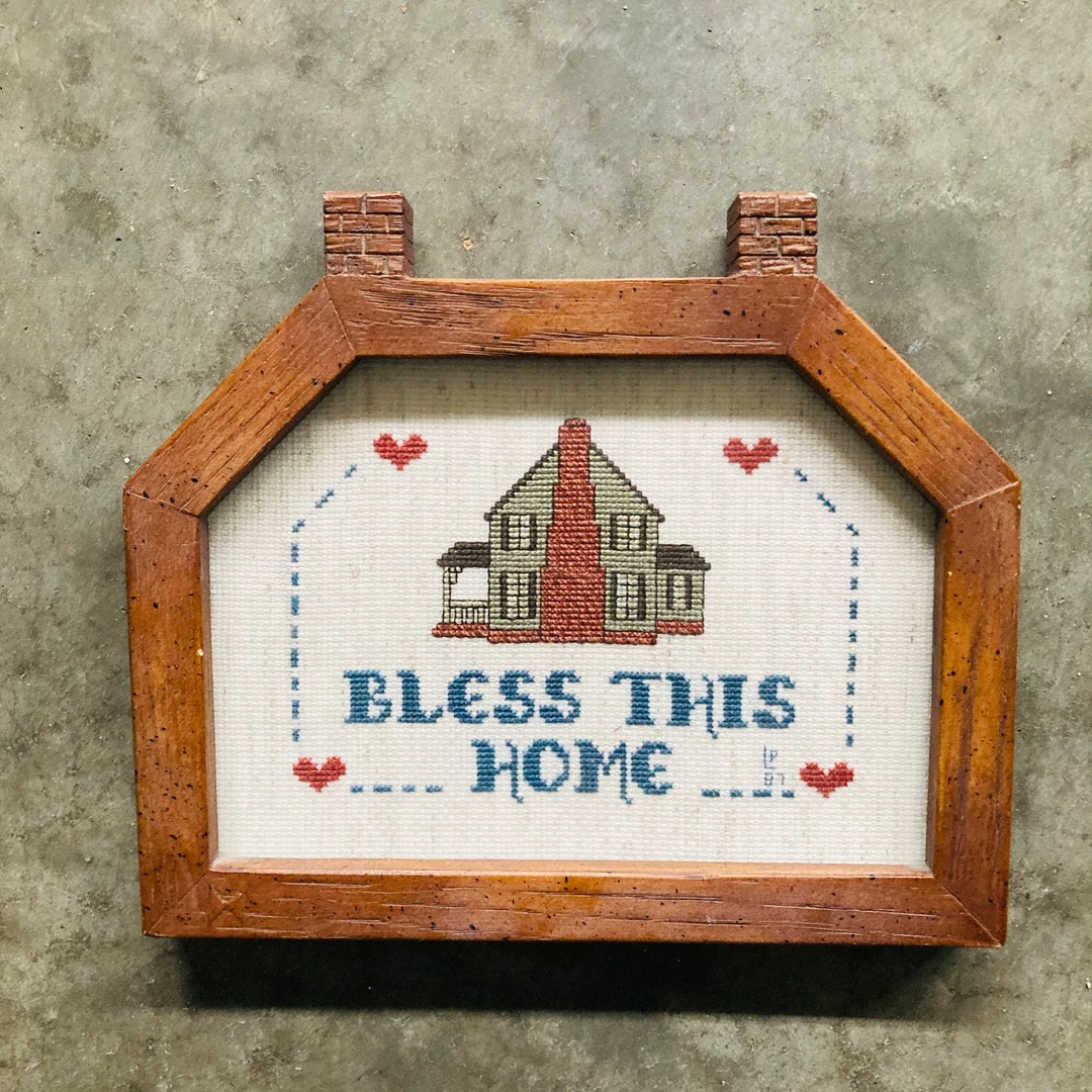 Vintage Cross Stitch Sampler Framed Bless This Home Cross - Etsy
