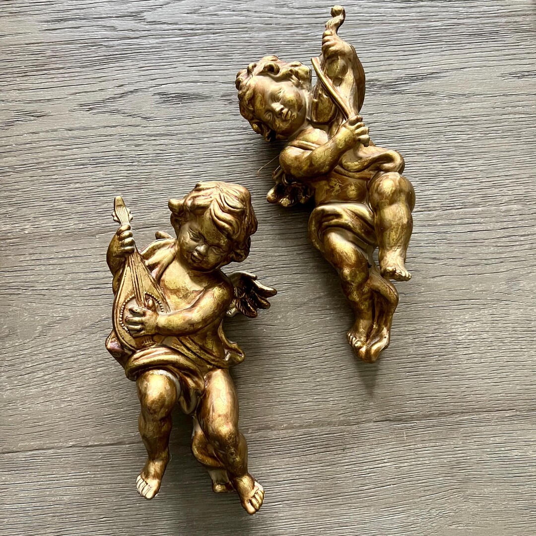 Musical Cherub Decor Winged Cherub Angels Vintage Blow Mold Gold Cherub ...