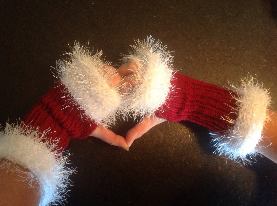 Hand Knit Red Santa Fingerless Gloves Wrist Warmers - Etsy