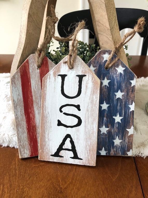 Patriotic Red White and Blue Wooden Door Hanger Tags USA | Etsy