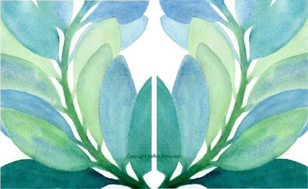 Abstract Leaves Watercolor Painting Set Giclee Prints Mint Blue Aqua ...