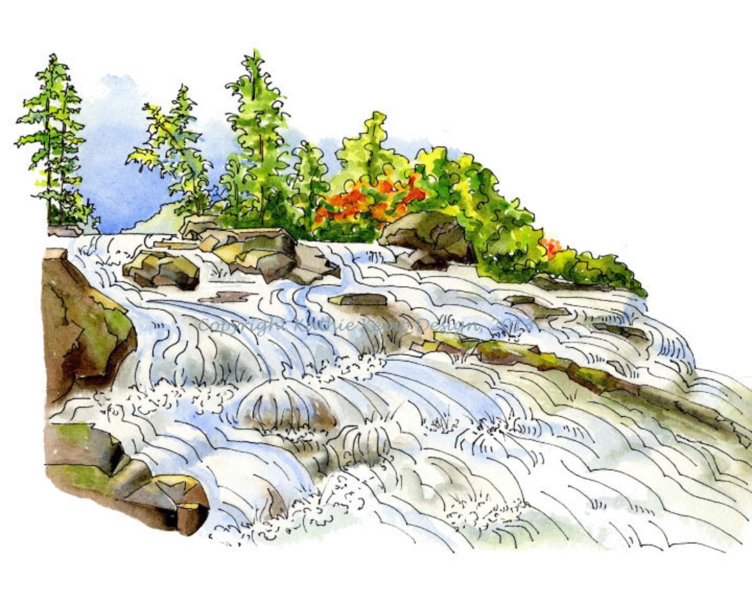 River Rapids Wilderness Fishermans Stream Illustration Nature Landscape ...