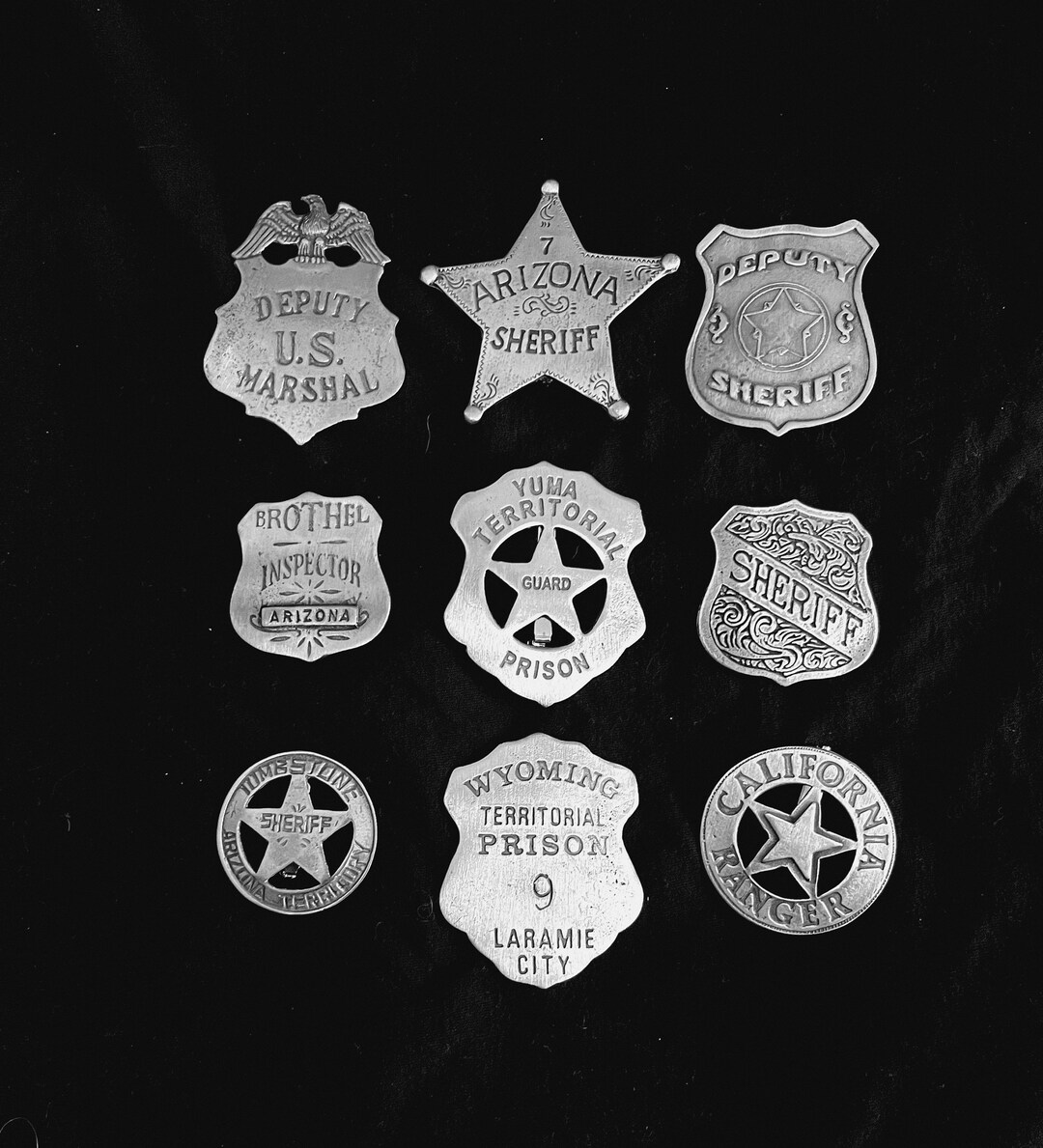 9 BADGES of the Old West Az Ranger, Marshall, Sheriff and More hand ...