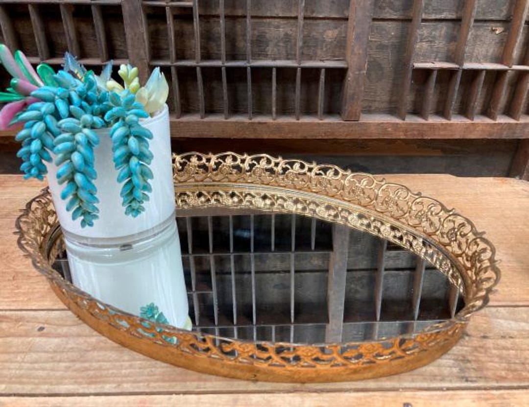 Vintage Mirrored Vanity Tray Filigree Perfume Tray Vintage Bedroom Oval ...