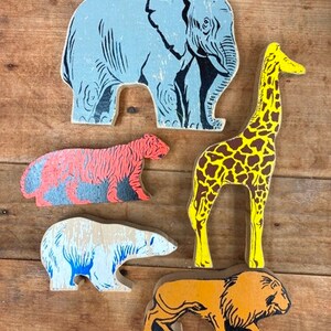Vintage Jungle & Wild Animals Wooden Painted Giraffe Tiger Polar Bear ...