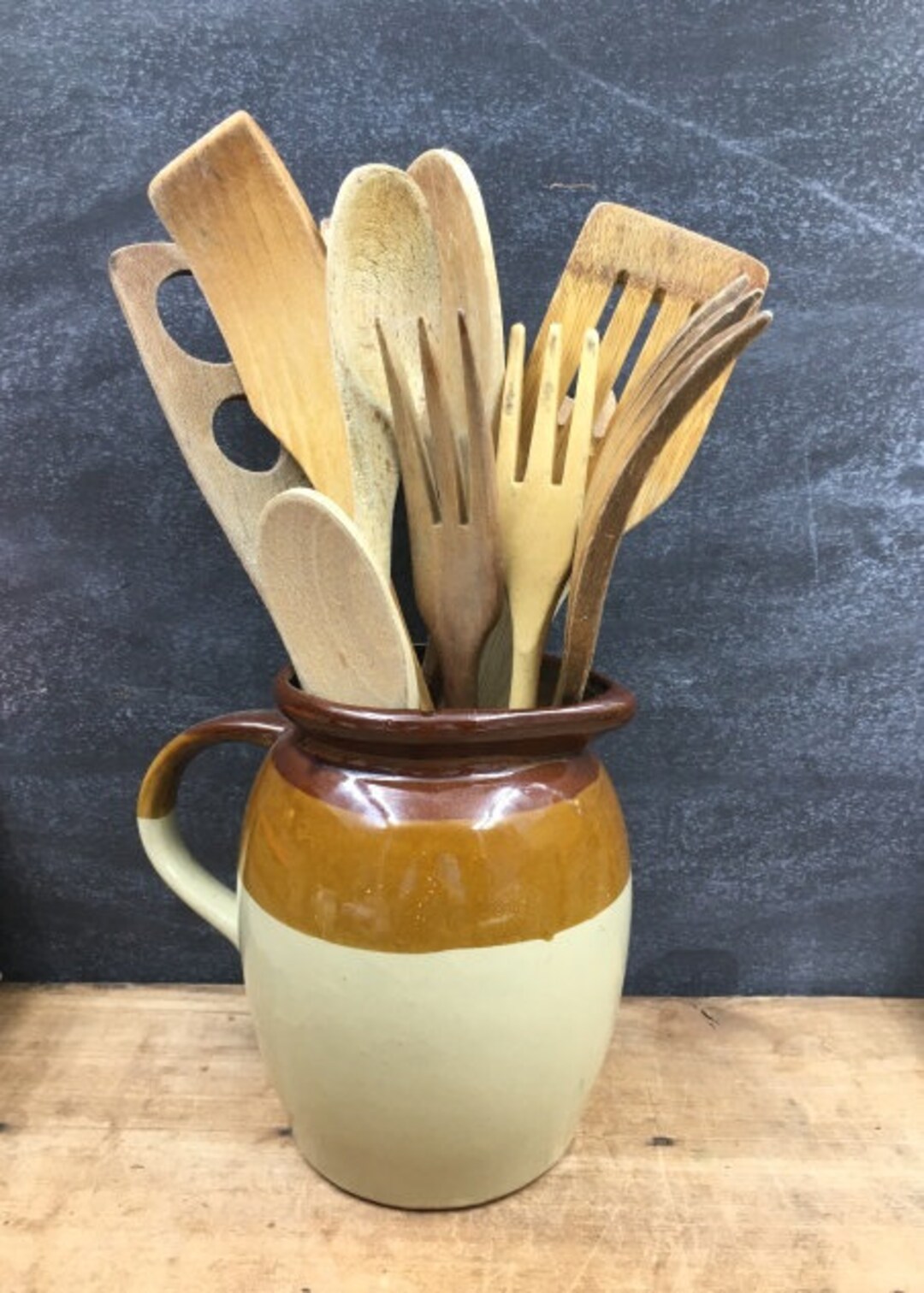 Stoneware Jug With Spoons Brown Pitcher Vintage Rustic Farmhouse ...