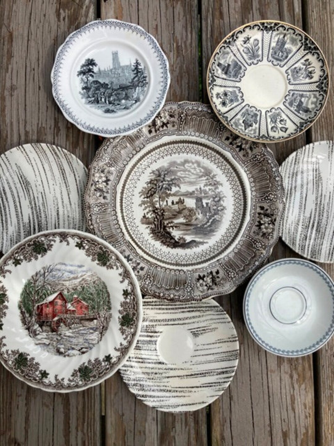 Black Transferware and Plates and Saucers Farmhouse Wall Decor Vintage ...