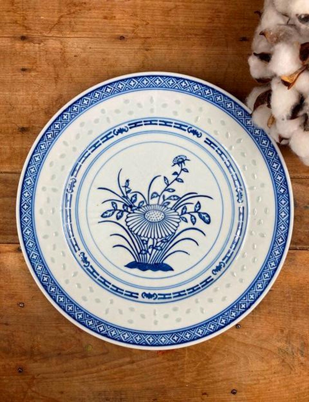 Vintage Chinese Rice Ware Dinner Plate 10" Chrysanthemum Lotus ...