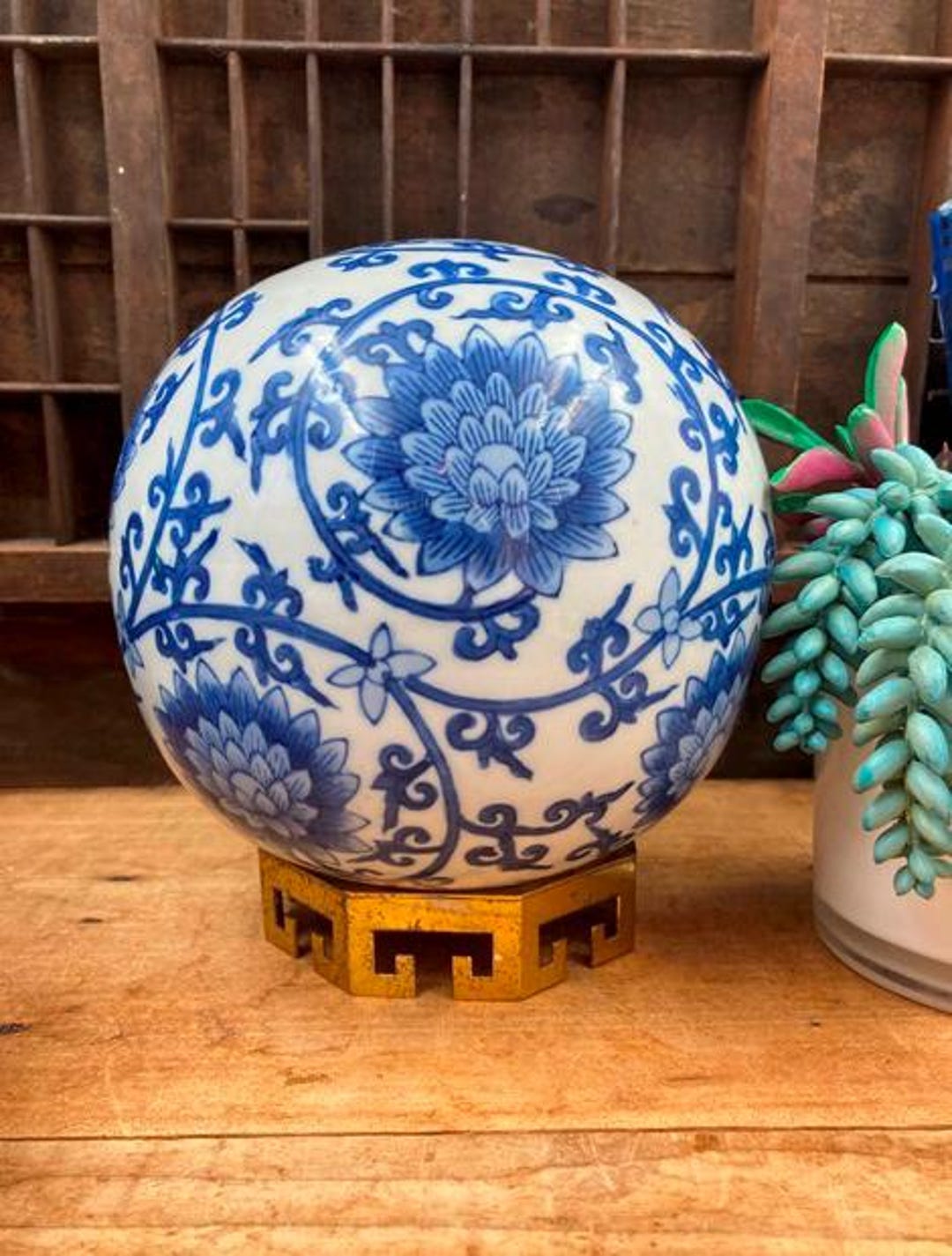 Vintage Blue and White Asian Sphere or Orb With Brass Toned Riser ...