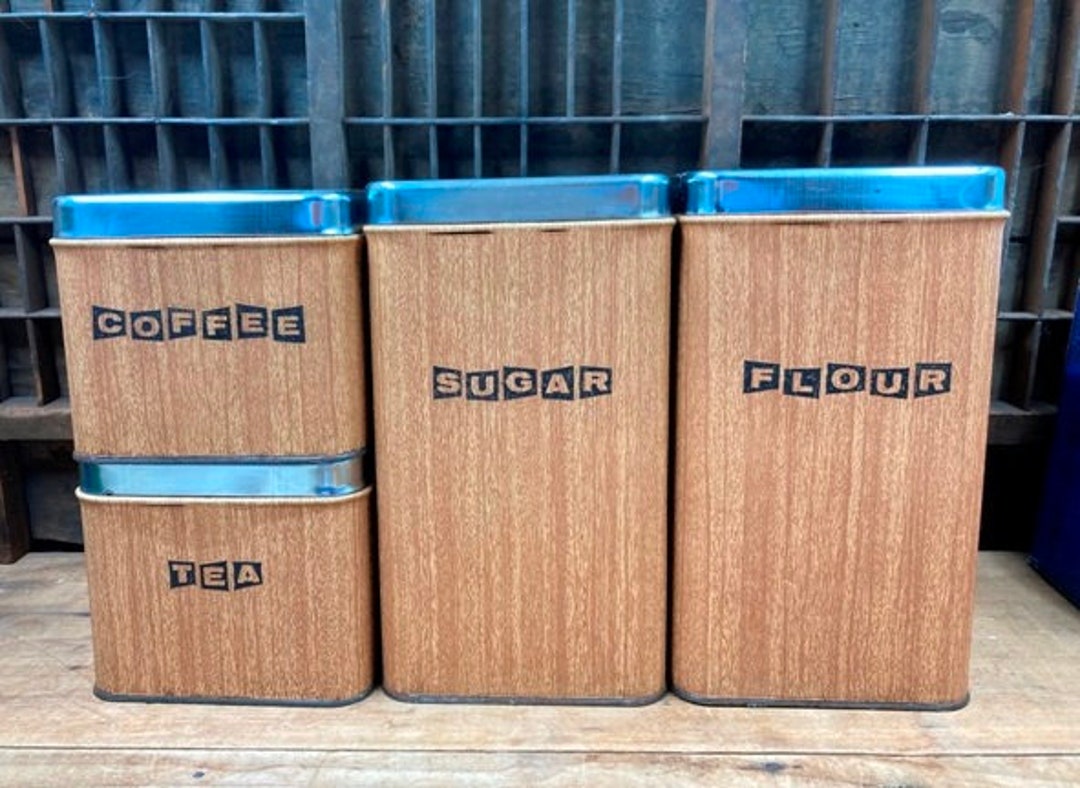 Brown Woodgrain Canisters Metal MCM Garner Ware 4 Canister Set Coffee ...