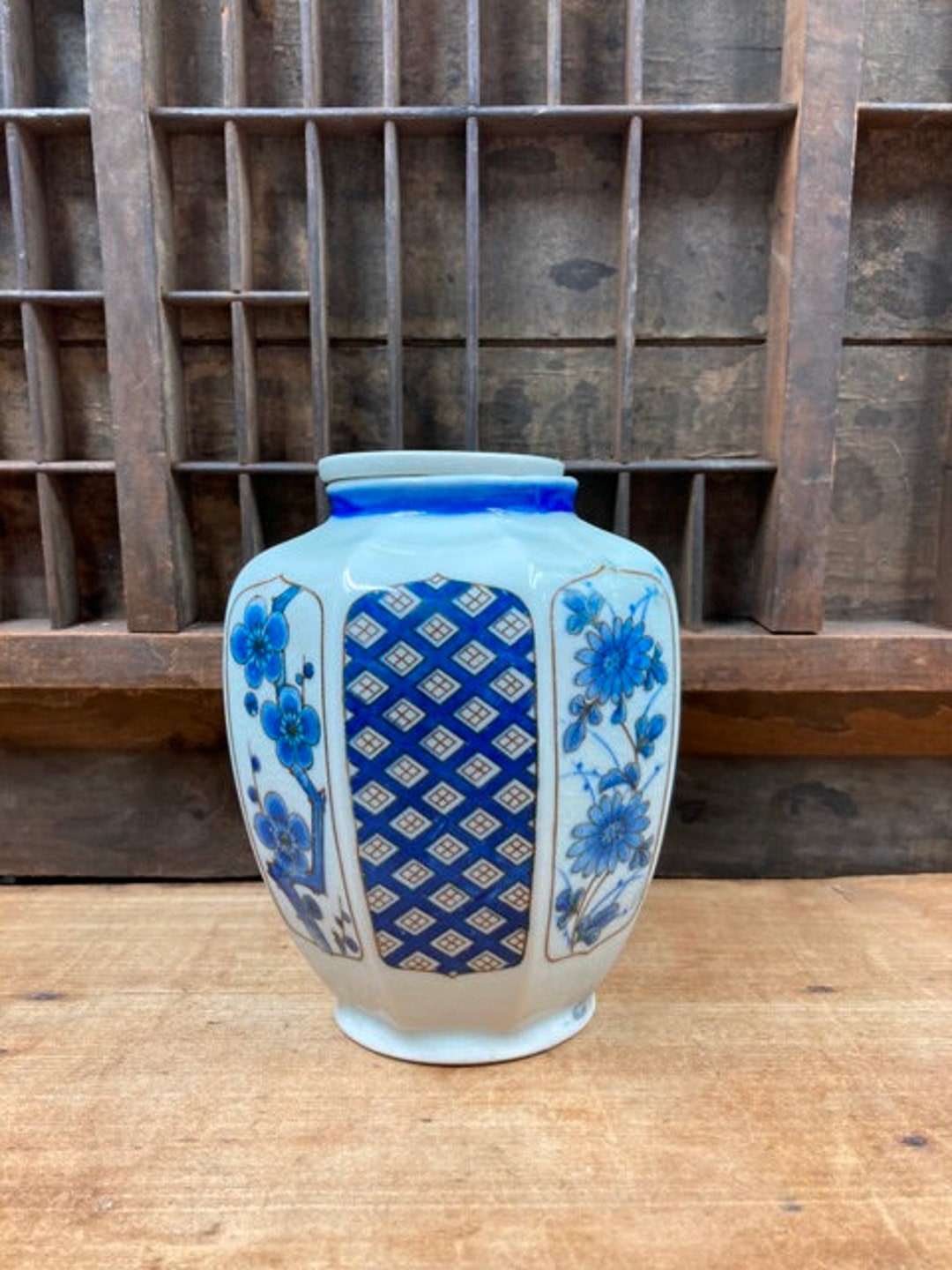 Otagiri Ginger OMC Blue and White Japan Lidded Jar Paneled Ceramic Tea ...